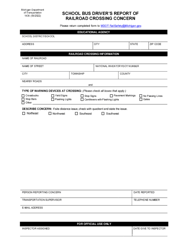 Fillable Online SCHOOL BUS DRIVER'S REPORT OF RAILROAD CROSSING CONCERN ...