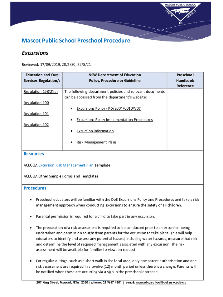 Fillable Online Mascot Public School Preschool Procedure Excursions Fax ...