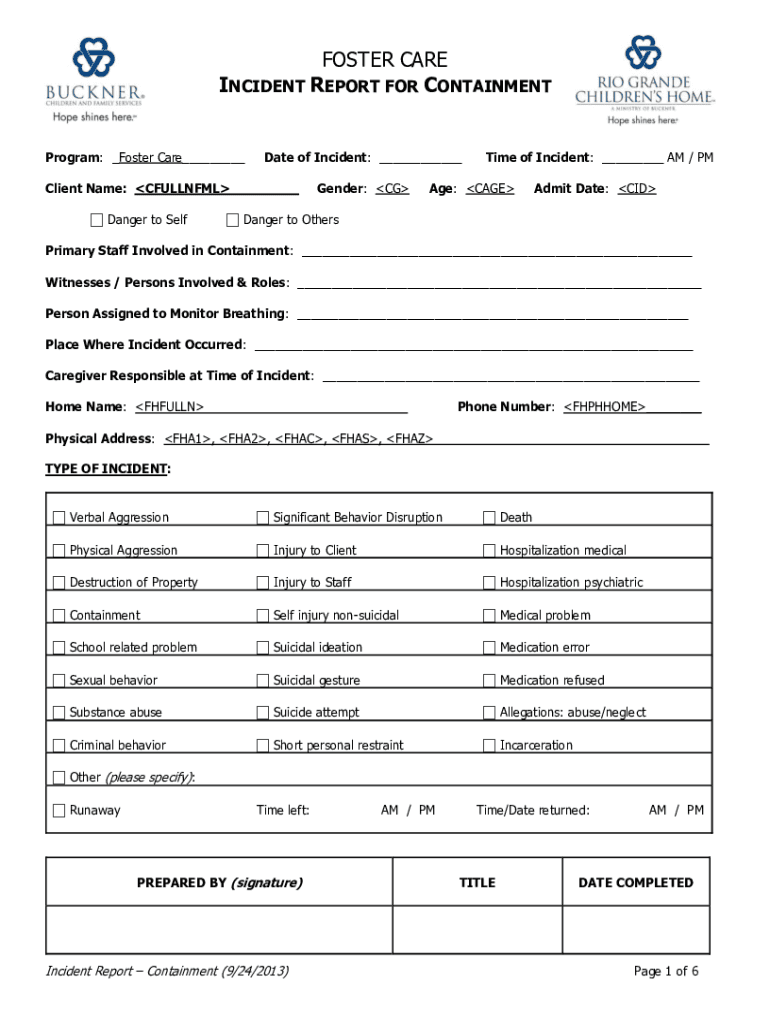 Fillable Online foster care incident report for containment Fax Email ...