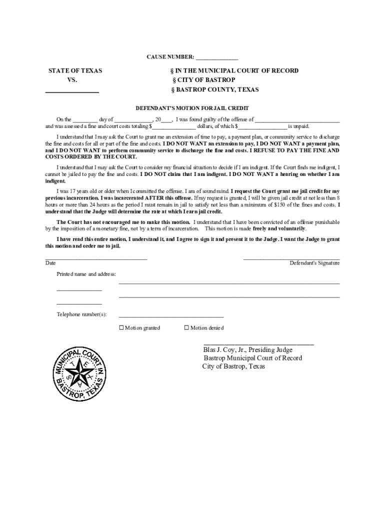 Fillable Online Blas J. Coy, Jr., Presiding Judge Bastrop Municipal Court of Record ... Fax ...