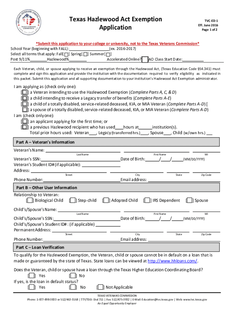 Texas Hazlewood Act Exemption Application - Blank Fillable Template ...