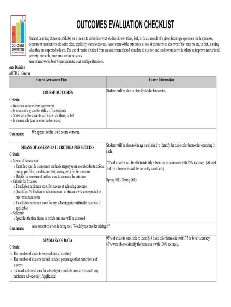Fillable Online Student Learning Outcome Evaluation Checklist Fax Email ...