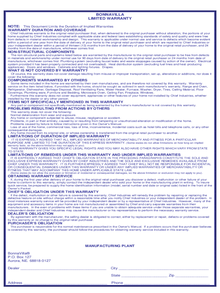 Fillable Online CHIEF INDUSTRIES MOBILE HOME-MANUFACTURED HOUSING Fax Email Print - pdfFiller