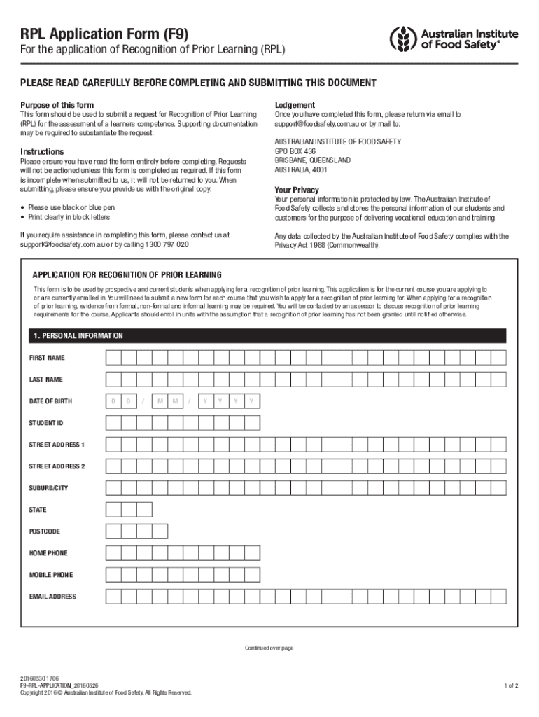 Fillable Online Application form for the Recognition of Prior Learning ...