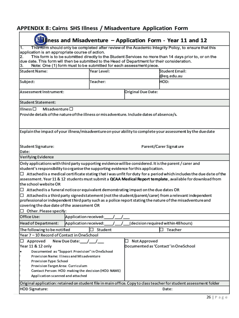 Fillable Online cairnsshs eq edu Cairns SHS Illness / Misadventure Application Form Fax Email ...