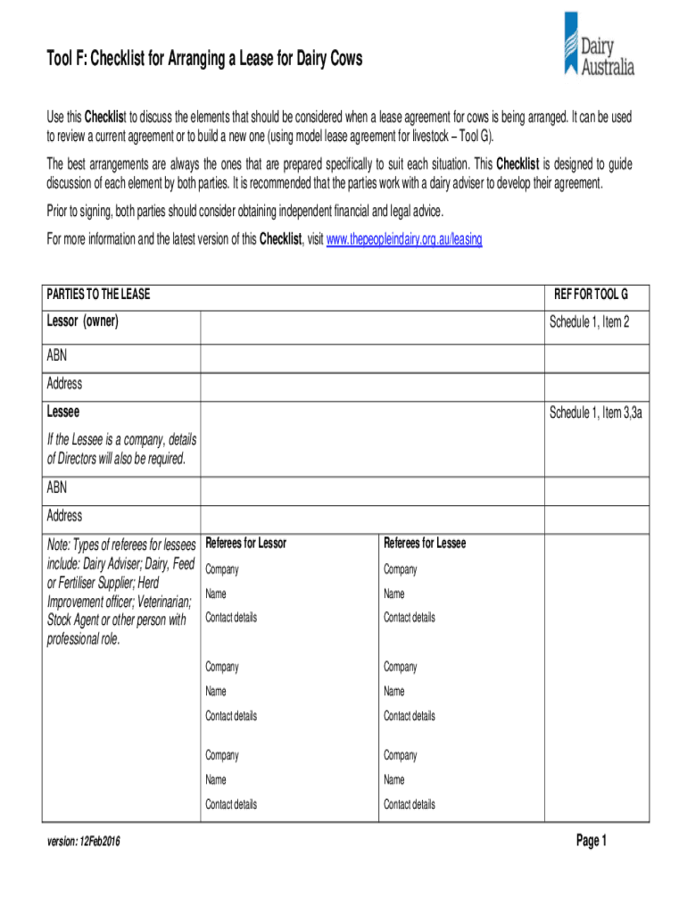 Fillable Online thepeopleindairy org Tool F: Checklist for Arranging a Lease for Dairy Cows Fax ...