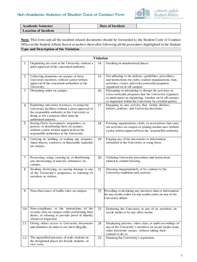 Fillable Online Non-Academic Violation of Student Code of Conduct Form ...