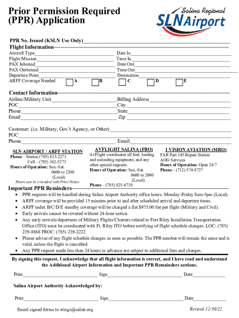 Fillable Online Prior Permission Required (PPR) Form - Airport ...