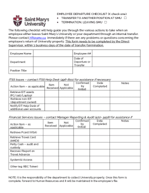 Fillable Online EMPLOYEE DEPARTURE CHECKLIST (X check one) Fax Email ...