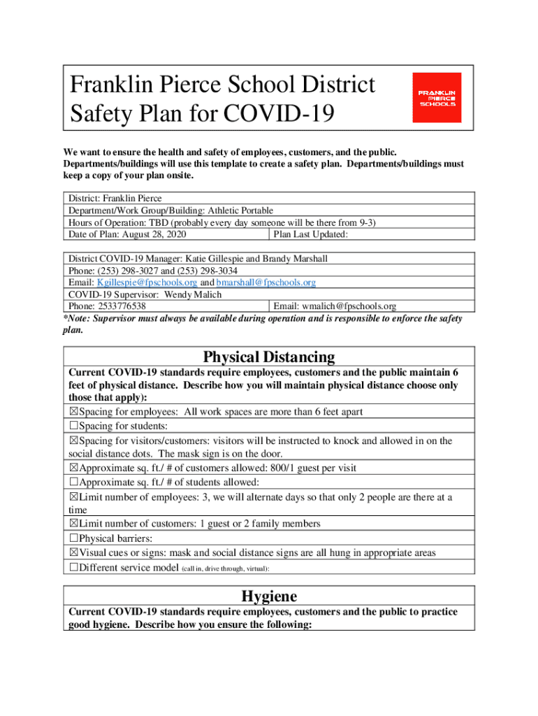 Fillable Online Franklin Pierce School District Safety Plan for COVID-19 Fax Email Print - pdfFiller