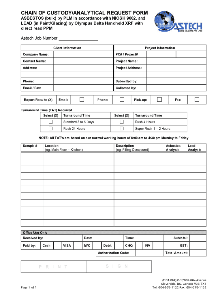 Fillable Online chain of custody/analytical request form Fax Email ...
