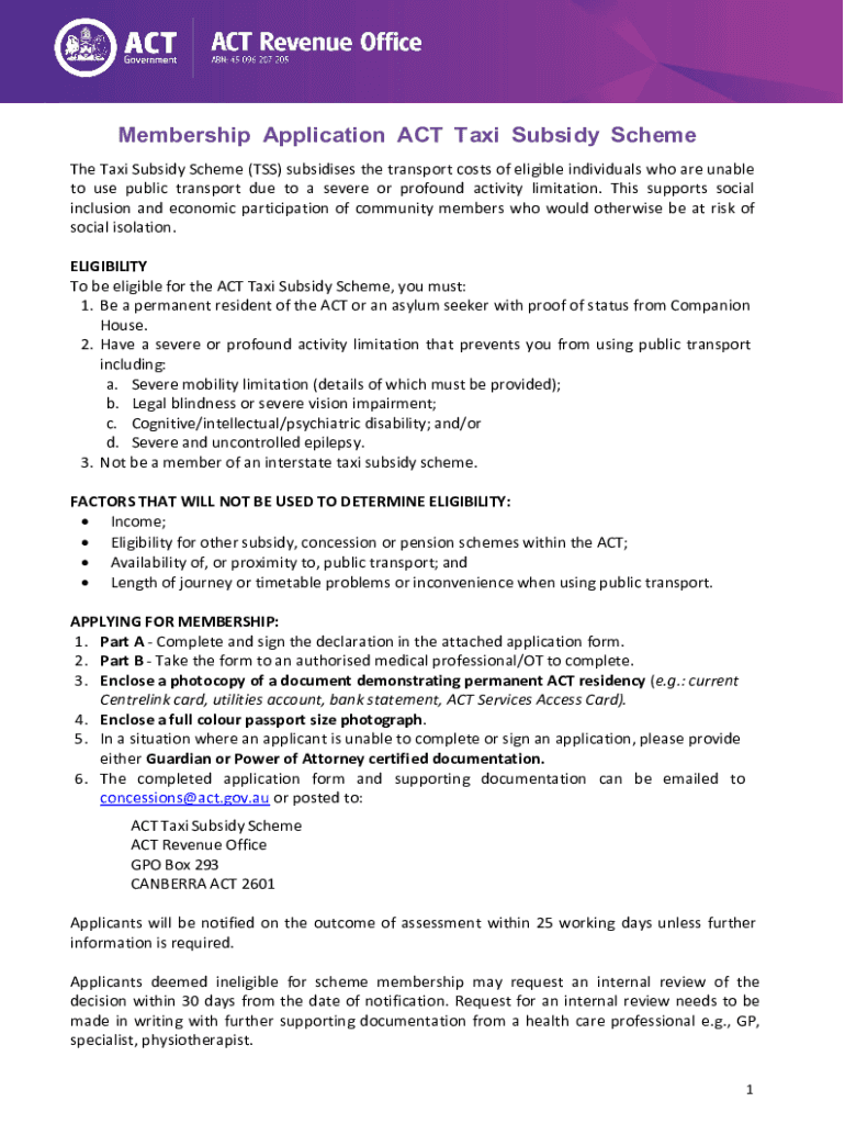 Fillable Online Membership Application ACT Taxi Subsidy Scheme Fax ...