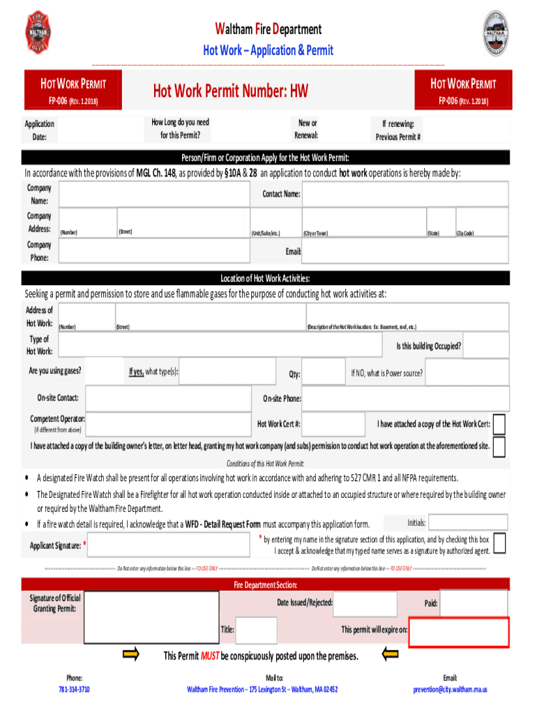 Fillable Online Hot Work Application & Permit Waltham Fire Department ...