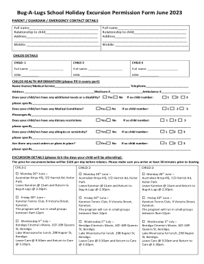 Fillable Online Bug-A-Lugs School Holiday Excursion Permission Form ...