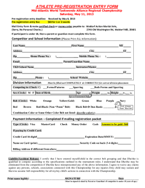 Fillable Online ATHLETE PRE-REGISTRATION ENTRY FORM Fax Email Print ...