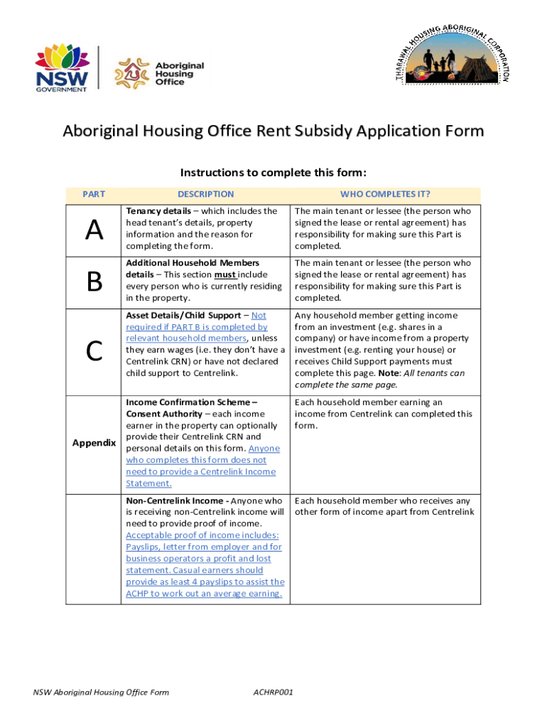 Fillable Online Aboriginal Housing Office Rent Subsidy Application Form ...