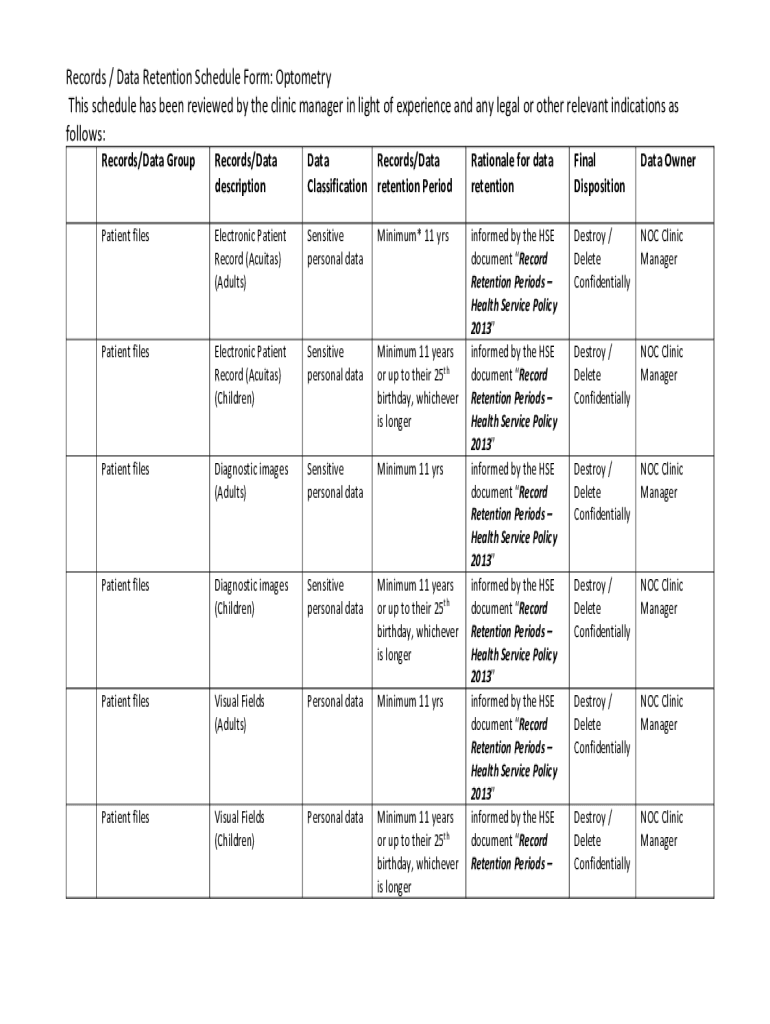 Fillable Online Records / Data Retention Schedule Form Fax Email Print ...