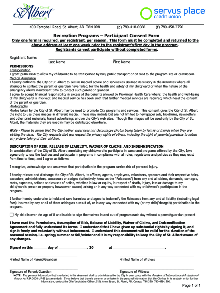 Fillable Online Participant Consent Form - Recreation Programs Fax ...