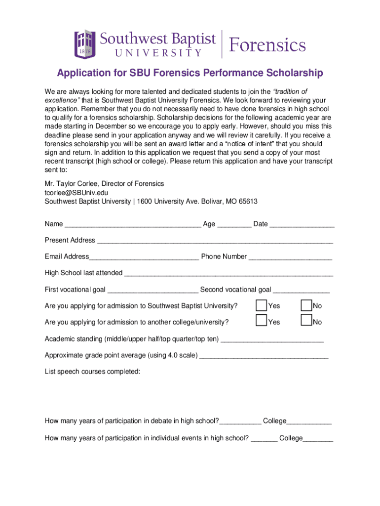 Fillable Online Application for SBU Forensics Performance Scholarship ...