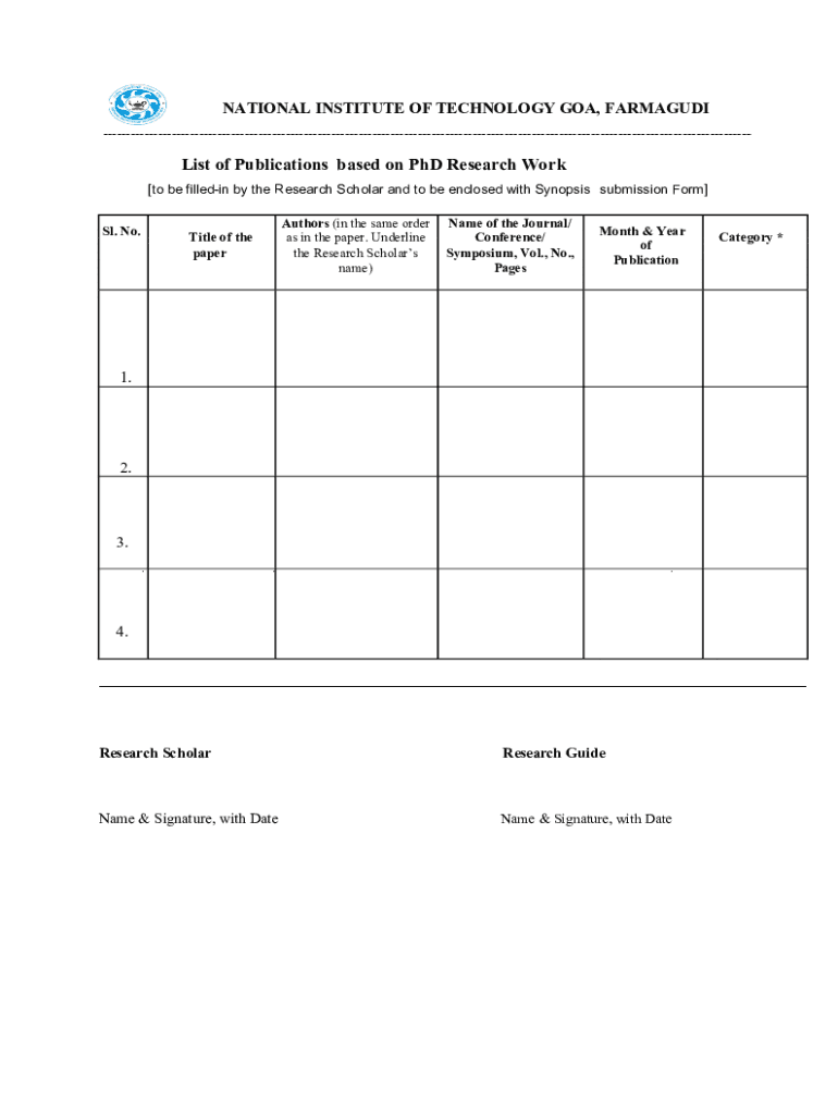 Fillable Online nitgoa ac Ph.D. Synopsis Submission Form Fax Email ...