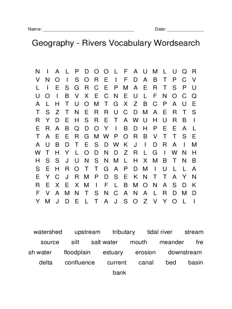 Fillable Online Geography - Rivers Vocabulary Wordsearch Fax Email ...