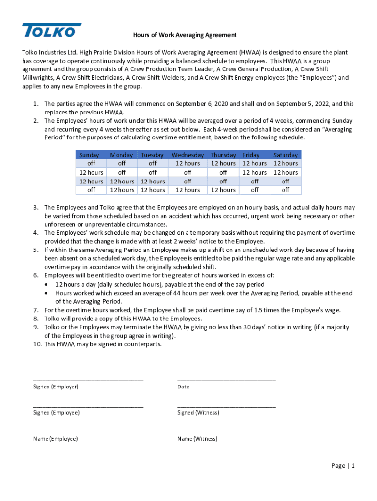 Fillable Online HOURS OF WORK AVERAGING AGREEMENT Fax Email Print ...