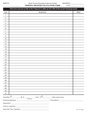 Fillable Online MONTHLY MILEAGE CALCULATION FORM Fax Email Print ...