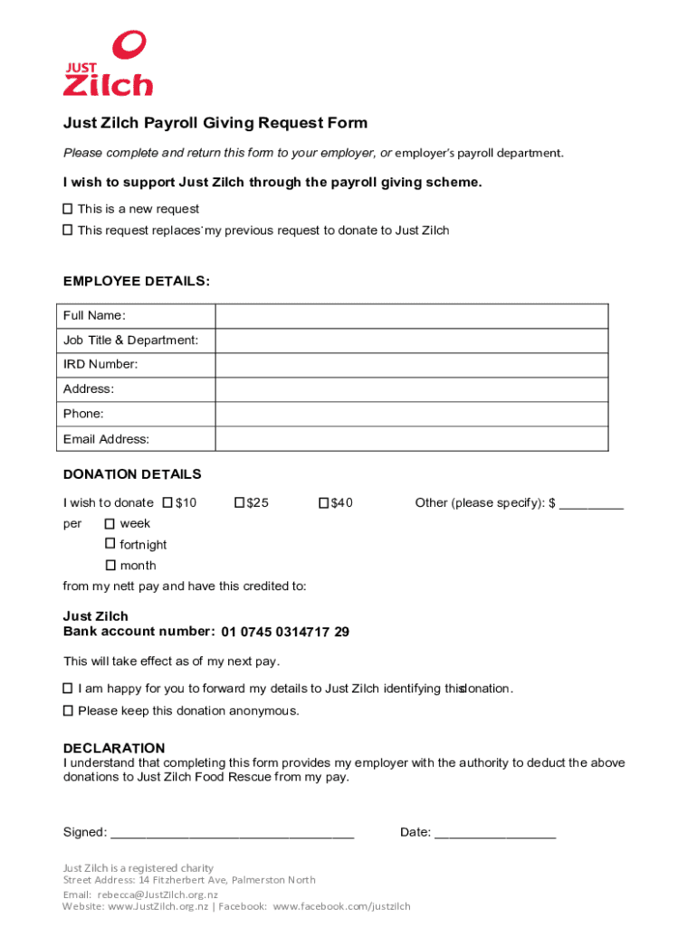 Fillable Online Just Zilch Payroll Giving Request Form Fax Email Print ...