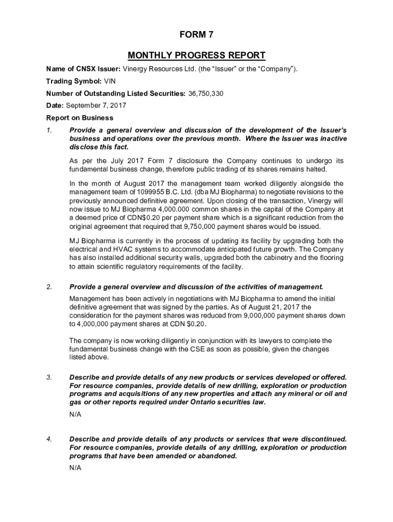 Fillable Online FORM 7 VINERGY CAPITAL INC. MONTHLY PROGRESS ... Fax Email Print - pdfFiller