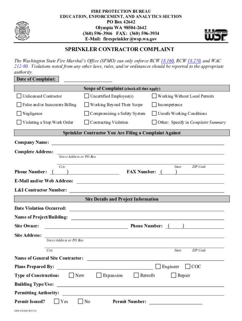 Fillable Online Fire Sprinkler Contractor Complaint (R 4/21 ...