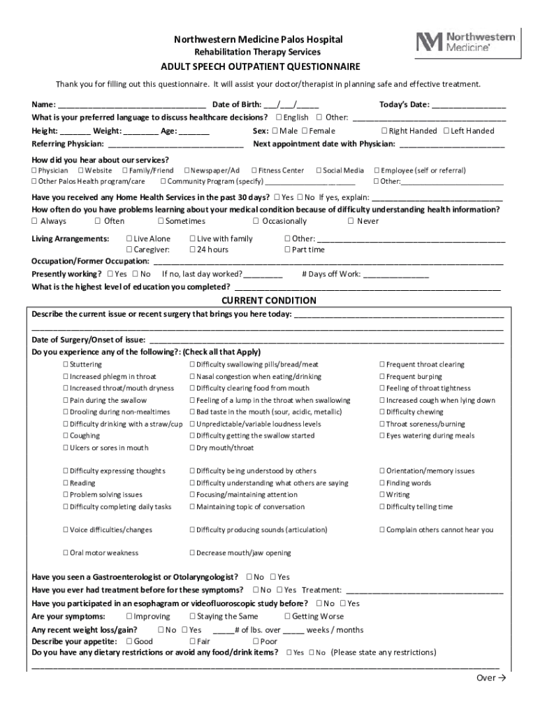 Fillable Online Rehabilitation Services Outpatient Questionnaire Fax ...