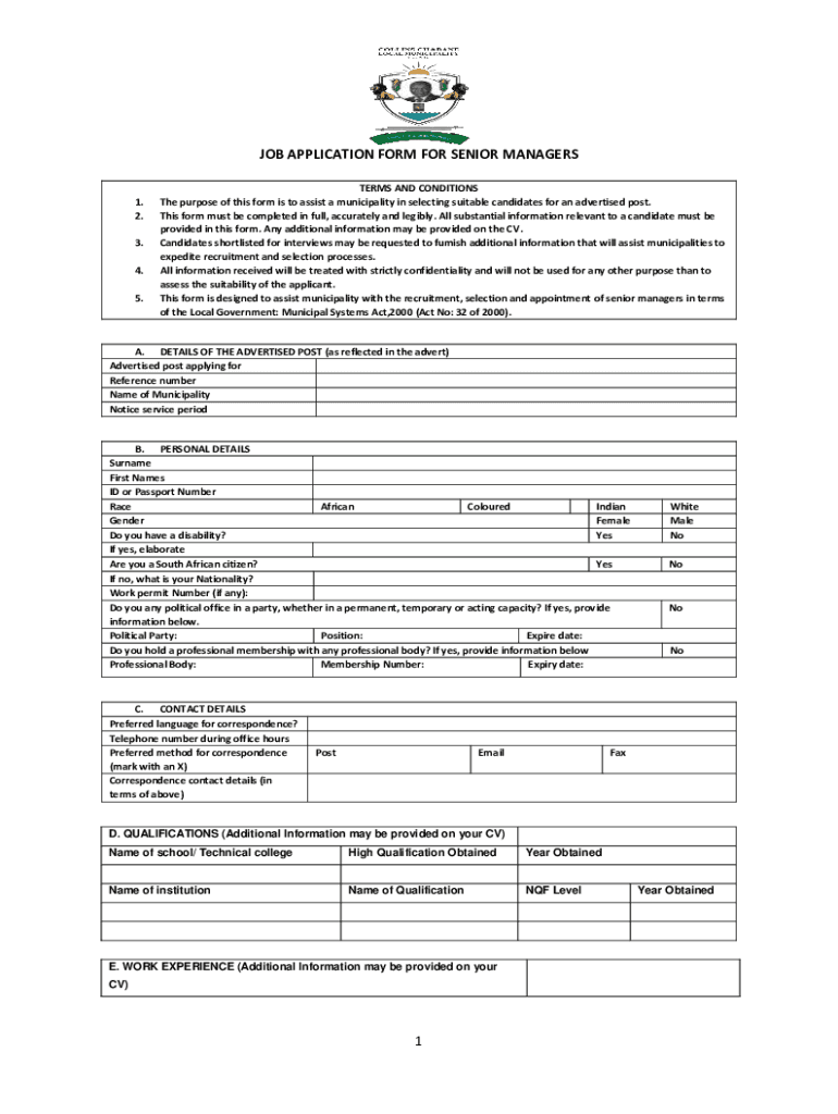 Fillable Online application form for employment for senior managers Fax ...