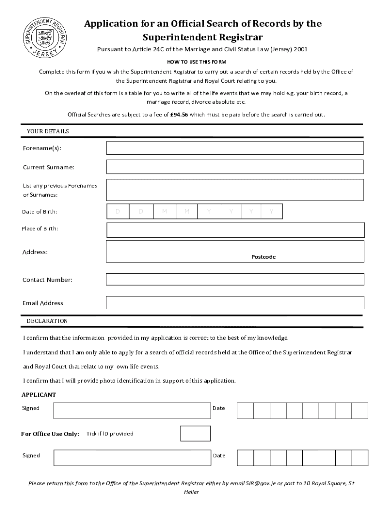 Fillable Online Application for an Official Search of Records by ...