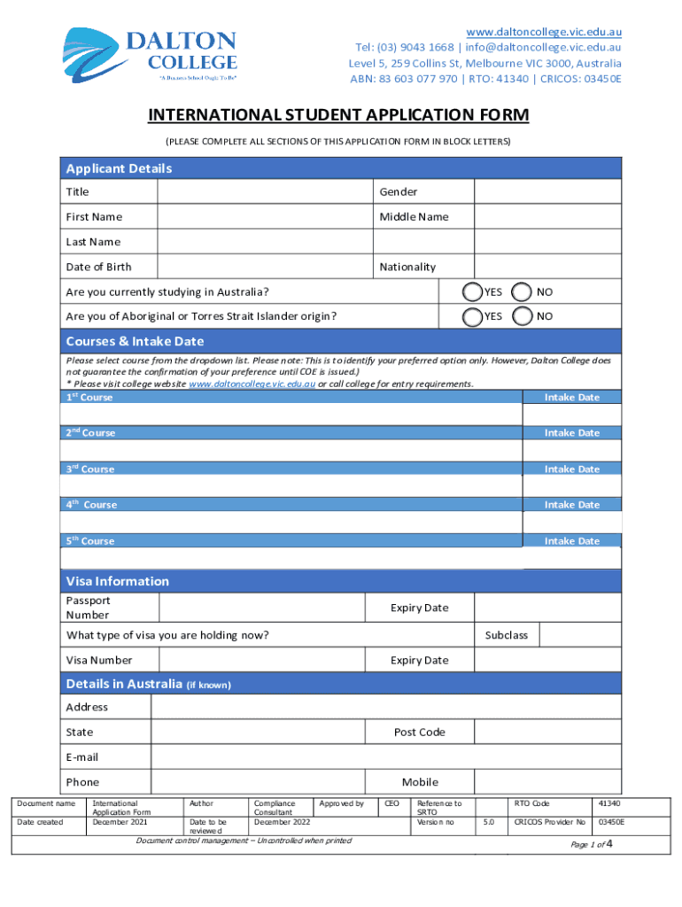 Fillable Online INTERNATIONAL STUDENT APPLICATION FORM - Dalton College Fax Email Print - pdfFiller