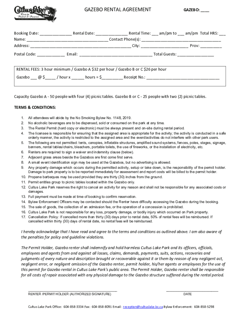 Fillable Online GAZEBO RENTAL AGREEMENT Fax Email Print - pdfFiller