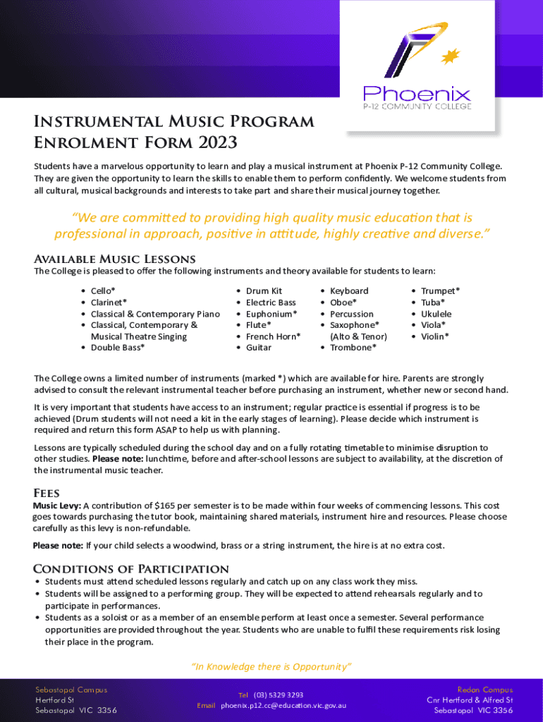 Fillable Online phoenix vic edu INStRUMENtAl MUSic PROGRAM ENROlMENt ...