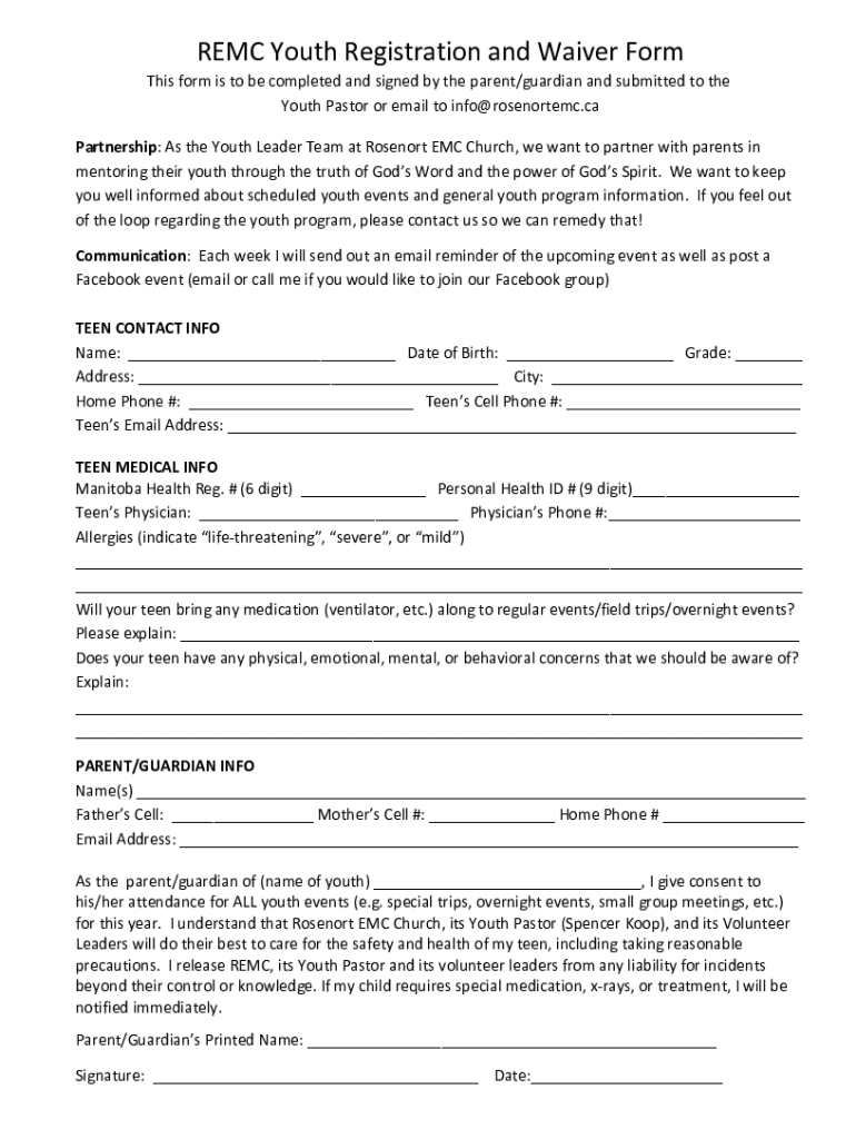 Fillable Online 14+ Church Youth Registration Form Templates in PDF Fax ...
