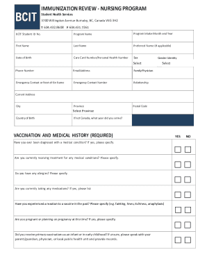 Fillable Online Student Health Services : : bcit immunization review ...