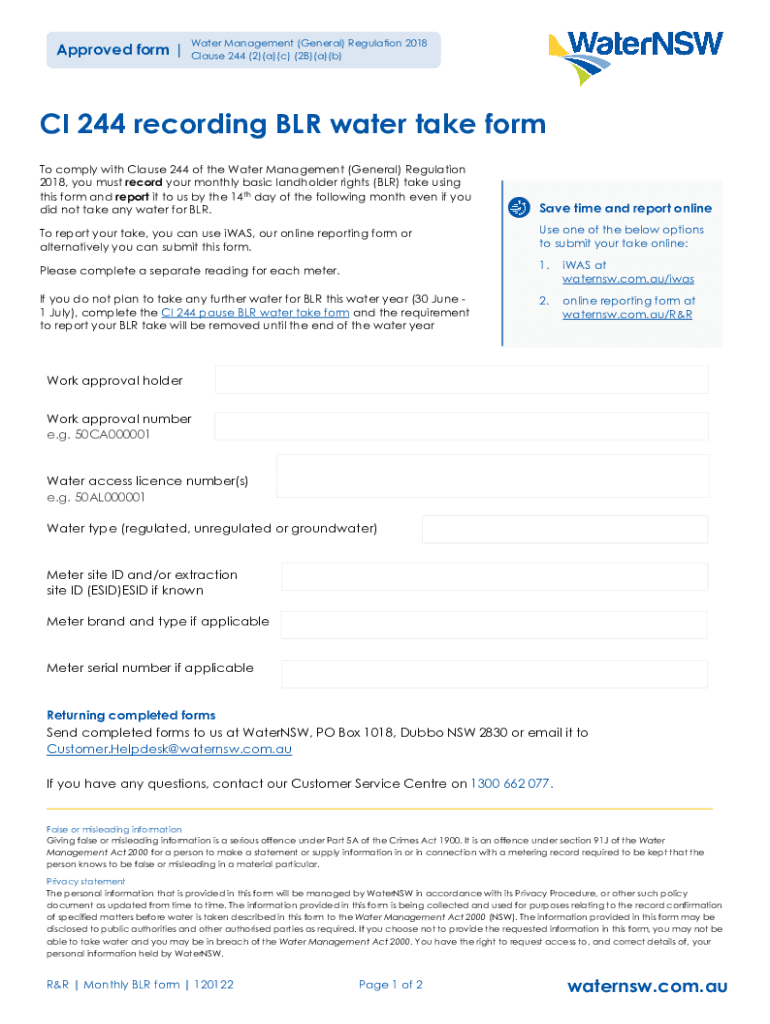 Fillable Online CI 244 recording BLR water take form Fax Email Print ...