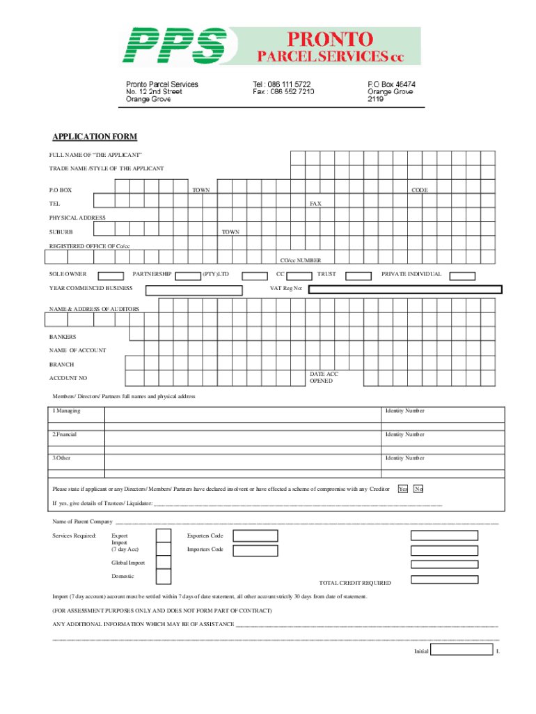 Fillable Online APPLICATION FORM - Pronto Parcel Services Fax Email ...