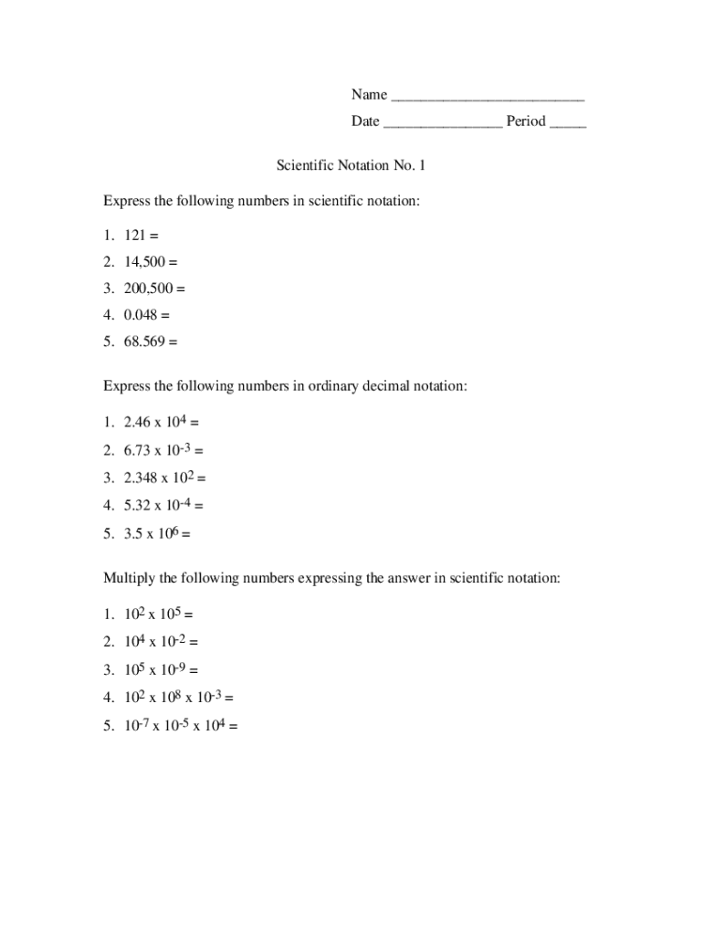 Fillable Online 1. Scientific (Exponential) Notation Practice (9 ...