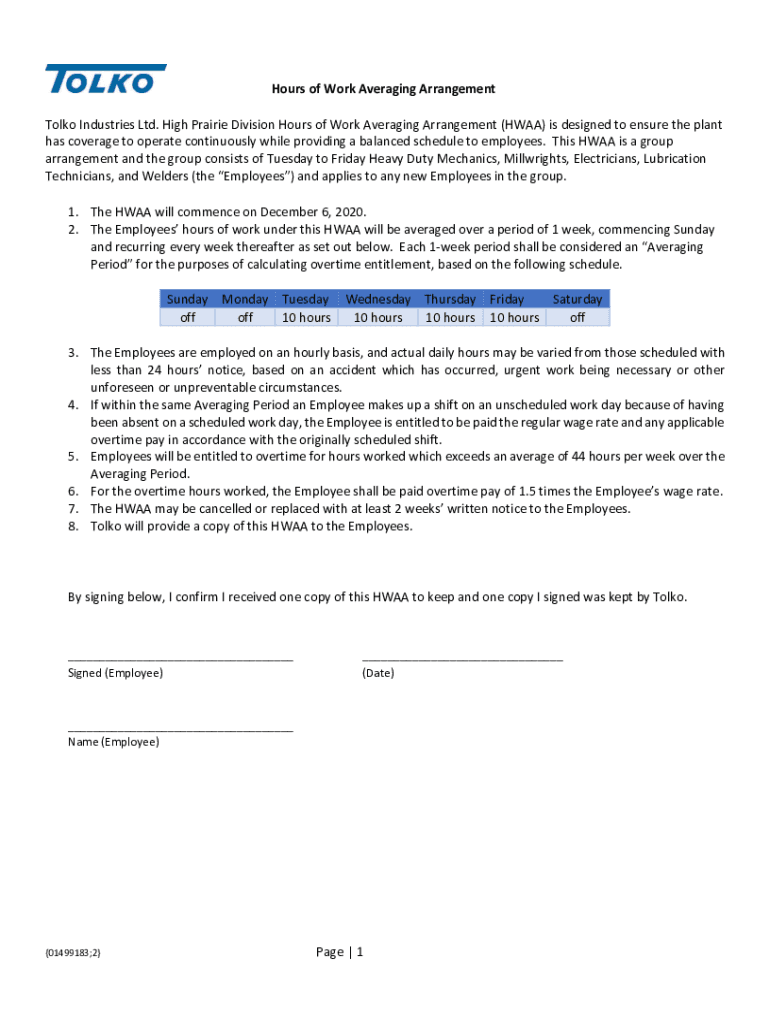 Fillable Online Hours of Work Averaging Arrangement Fax Email Print ...