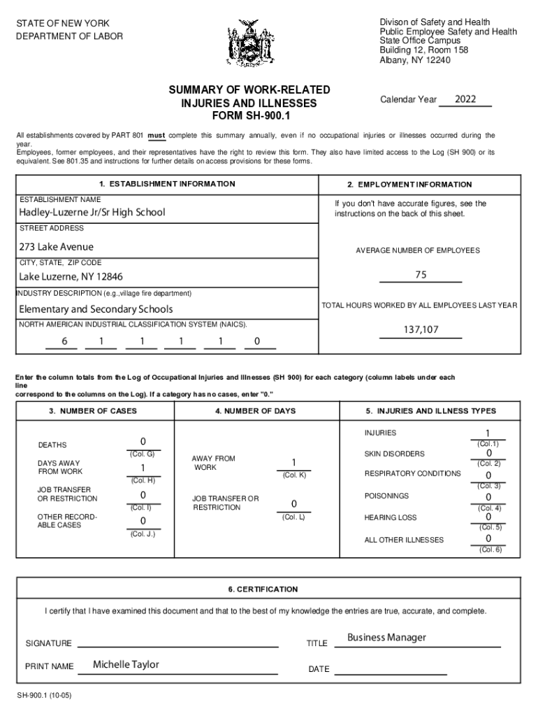 Fillable Online Summary of Work-Related Injuries and Illnesses Form SH ...