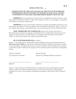 Fillable Online A - Draft Resolution authorizing investments in LAIF ...