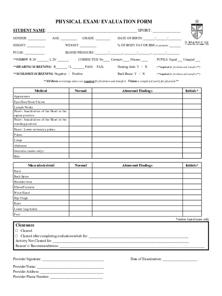 Fillable Online PHYSICAL EXAM/ EVALUATION FORM Fax Email Print - pdfFiller