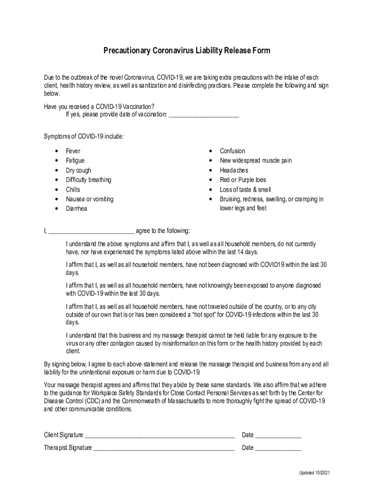 Fillable Online Precautionary COVID- 19 Liability Release Form Fax ...