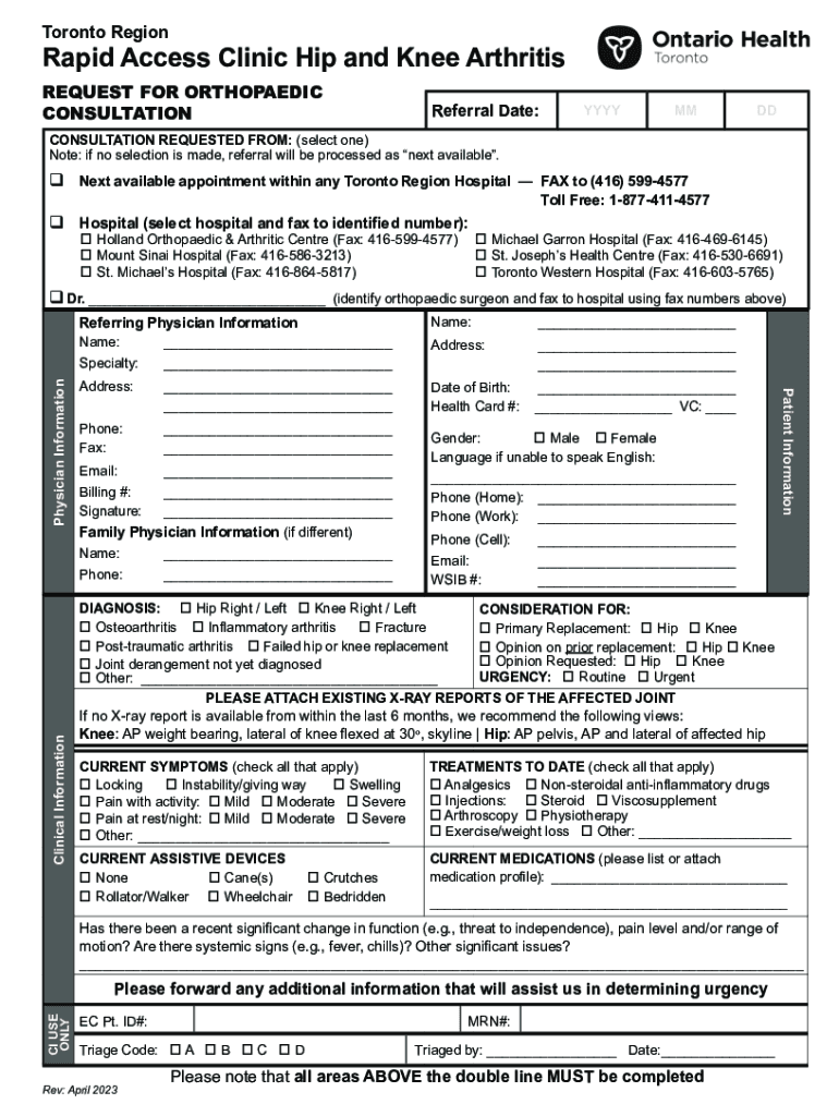 Fillable Online Toronto Region Rapid Access Clinic Hip and Knee ...