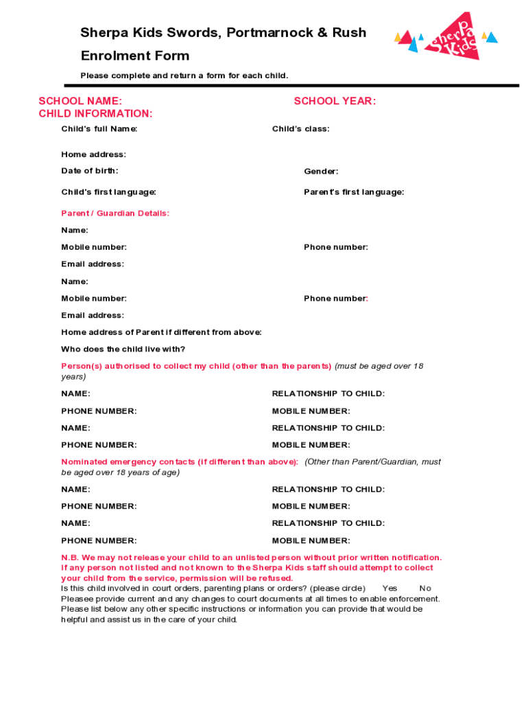Fillable Online Sherpa Kids Swords, Portmarnock & Rush Enrolment Form ...