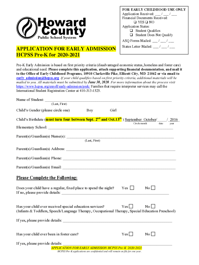 Fillable Online Application for Early Admission HCPSS Pre-K SY20-21 Fax ...
