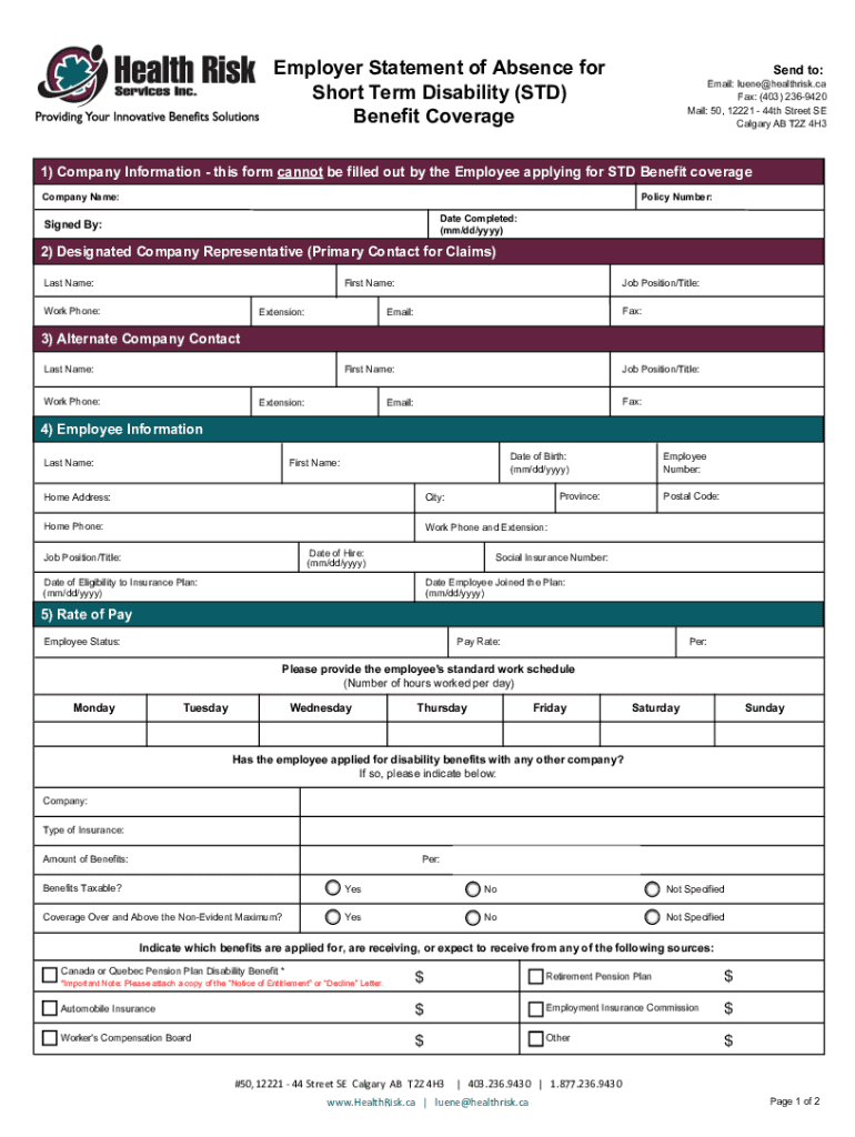 Fillable Online Employer Statement of Absence for Short Term Disability ...
